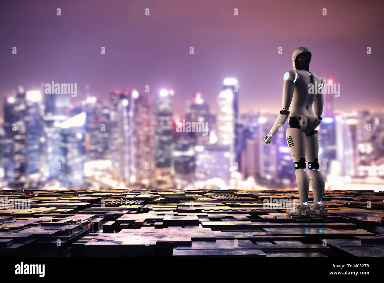 3d rendering android robot with metallic floor on cityscape background ...