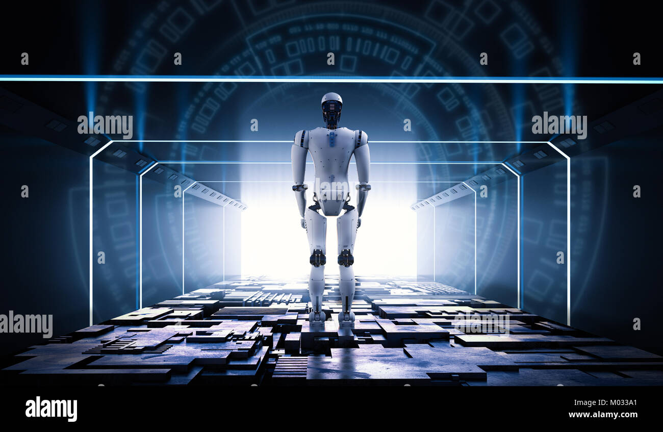3d rendering android robot with metallic floor in tunnel Stock Photo - Alamy