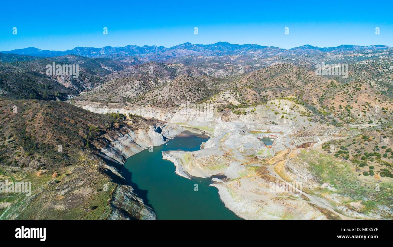 Aerial bird eye view of Kalavasos rockfill dam, Larnaca, Cyprus. The ...