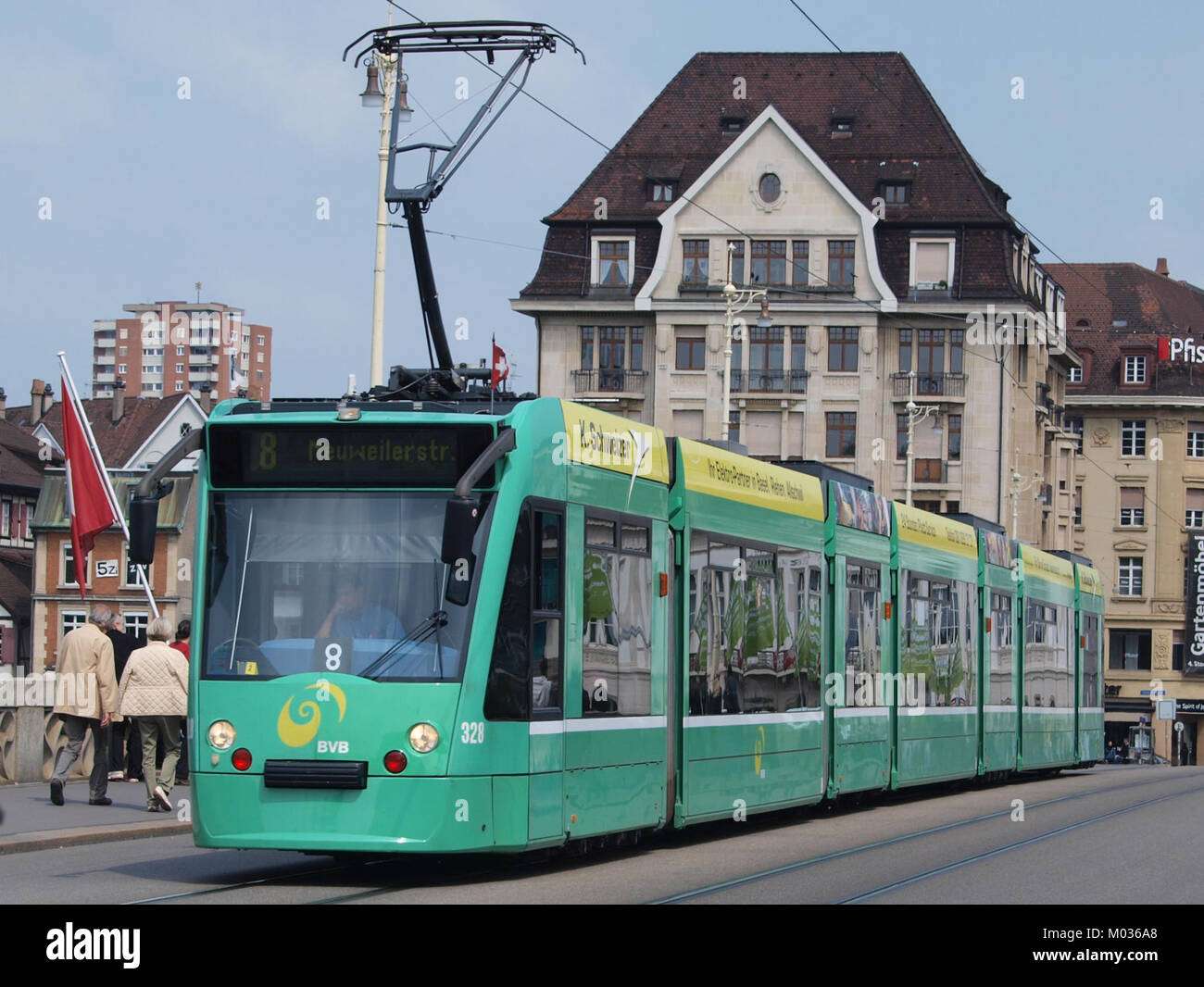 Photograph of BVB Tram car number 328 operating on line 8 towards Neuweilerstrasse in Basel ...