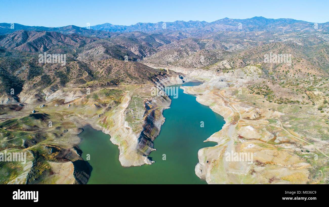 Aerial bird eye view of Kalavasos rockfill dam, Larnaca, Cyprus. The ...