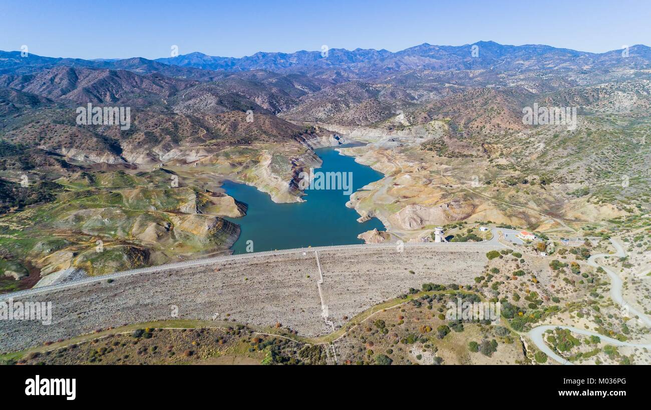Aerial bird eye view of Kalavasos rockfill dam wall, Larnaca, Cyprus ...