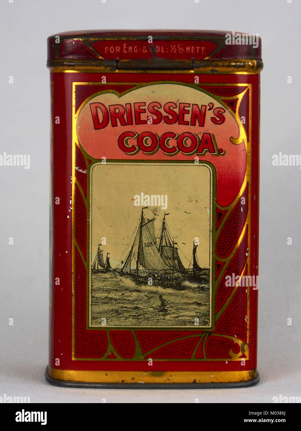 This image depicts a 250-gram can of cacao produced by A. Driessen. The ...