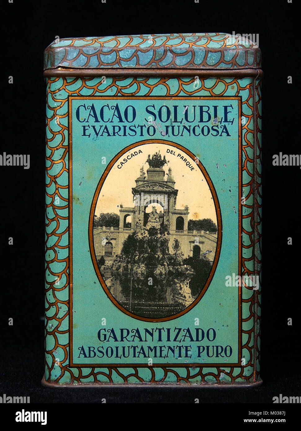 A tin container of Cacao Evarsto Juncosa, accompanied by images ...