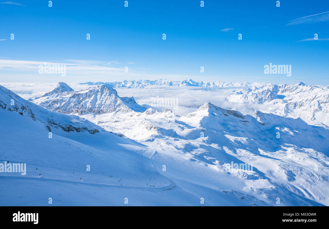 View of Italian Alps from Plateau Rosa in the winter in the Aosta ...