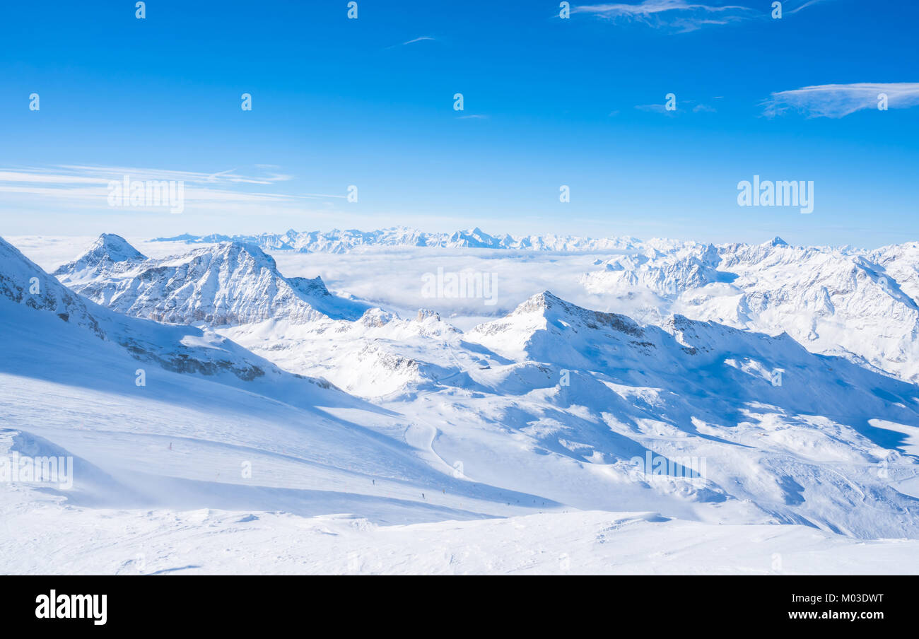 View of Italian Alps from Plateau Rosa in the winter in the Aosta ...