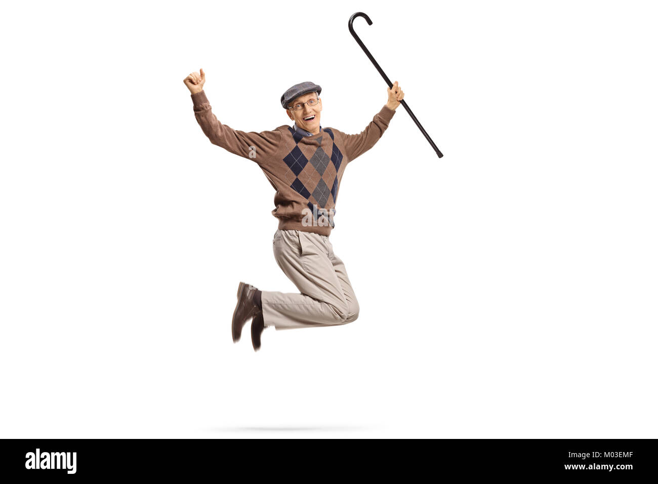 Senior with a walking cane jumping and gesturing happiness isolated on ...