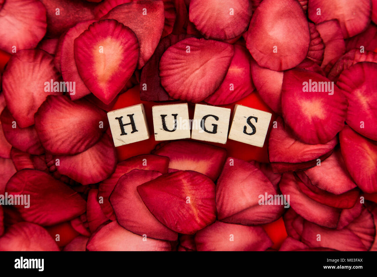 Red rose petals background with romantic hugs message Stock Photo - Alamy