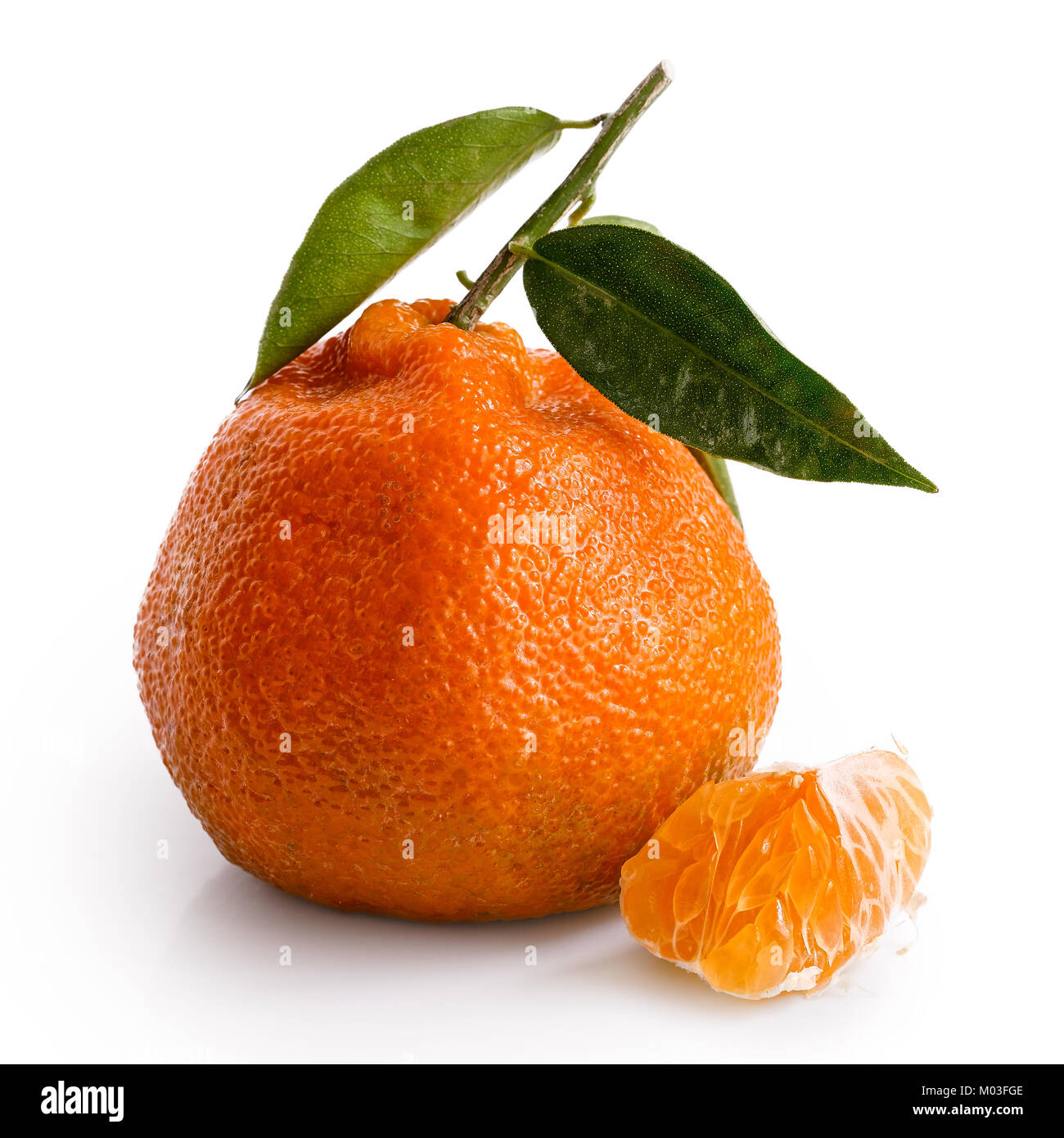 A broken segment of a mandarin next to whole mandarin with leaves ...