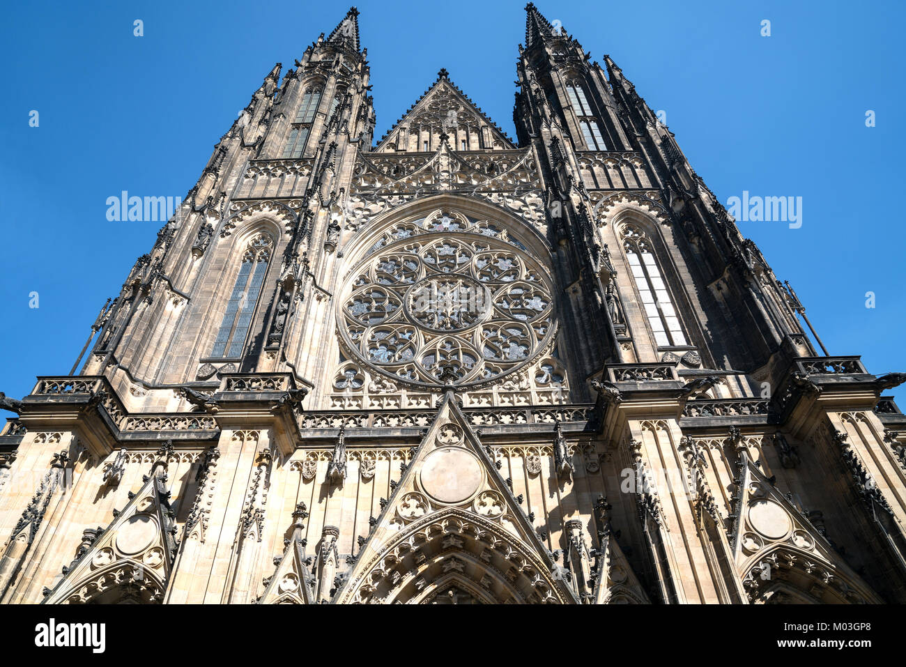 PRAGUE - CZECH REPUBLIC - AUGUST 30 2017; Gothic architecture of front ...