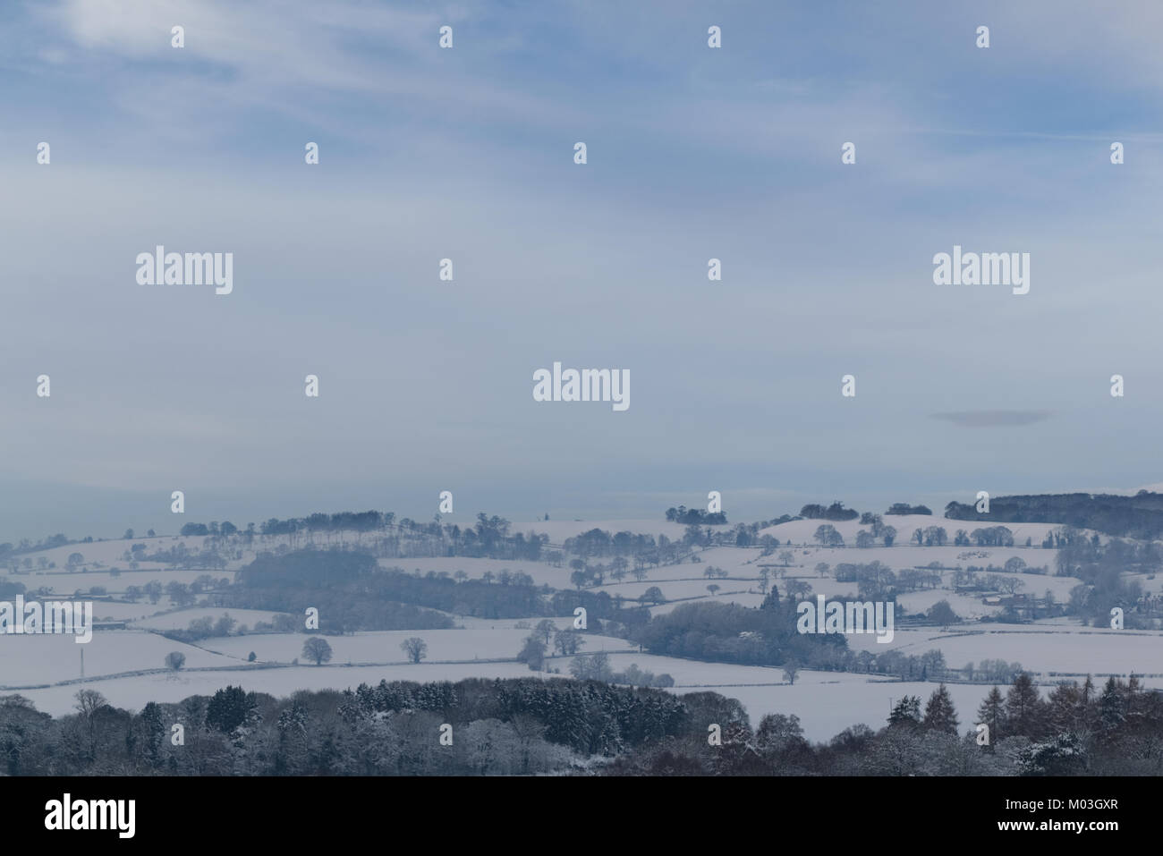 Snowy scene from Kinver Edge, Staffordshire, UK. Winter season concept ...