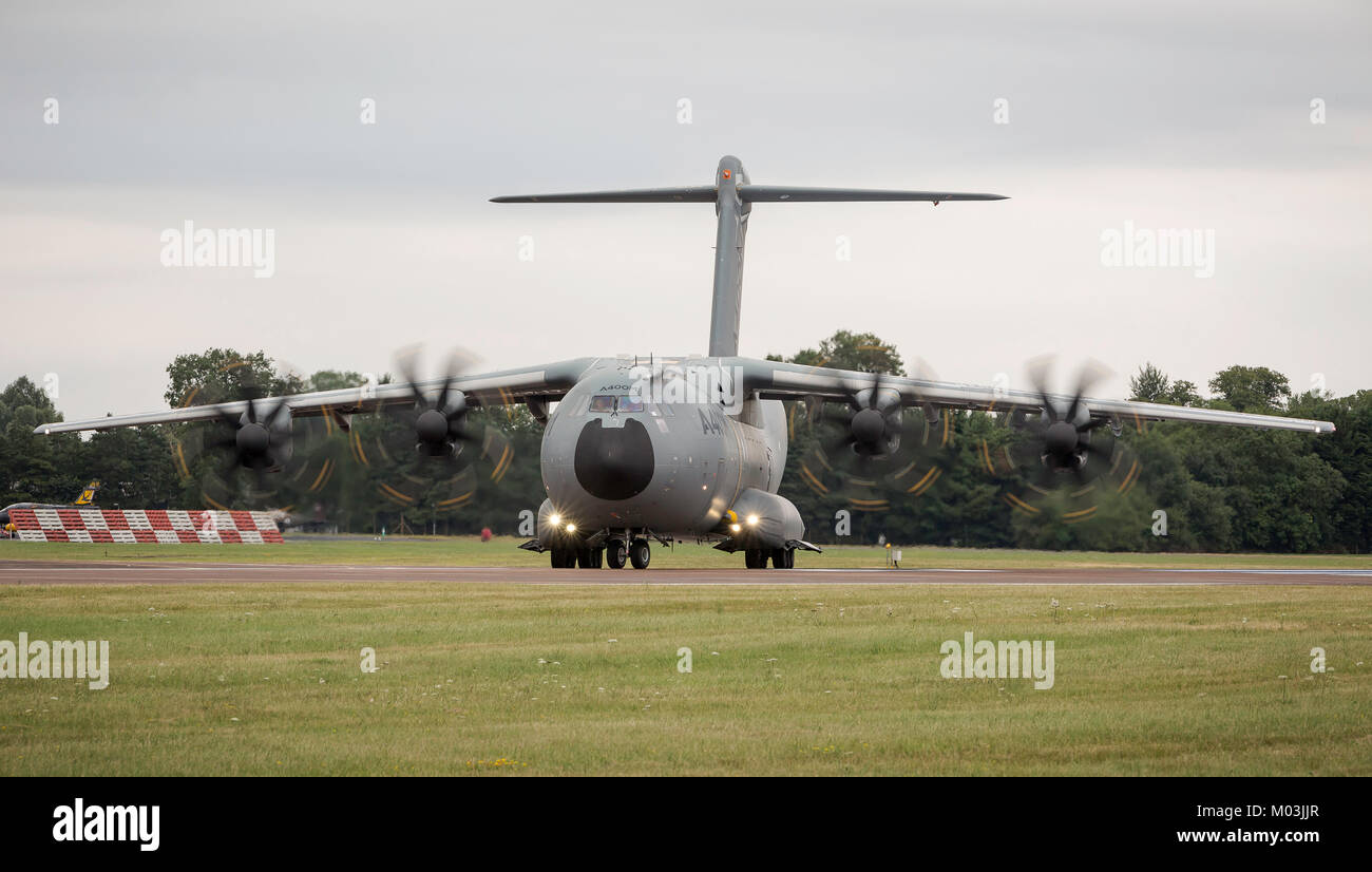Airbus A400M demonstrator leaving RAF Fairford for Seville Stock Photo ...