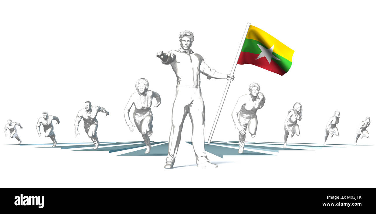 Myanmar Racing to the Future with Man Holding Flag Stock Photo - Alamy