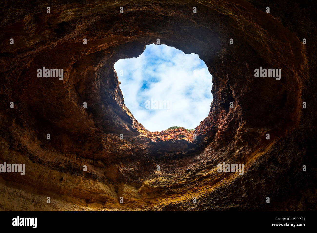 Inside sea cave on Algarve coast near Benagil, Portugal, Europe. Nature ...