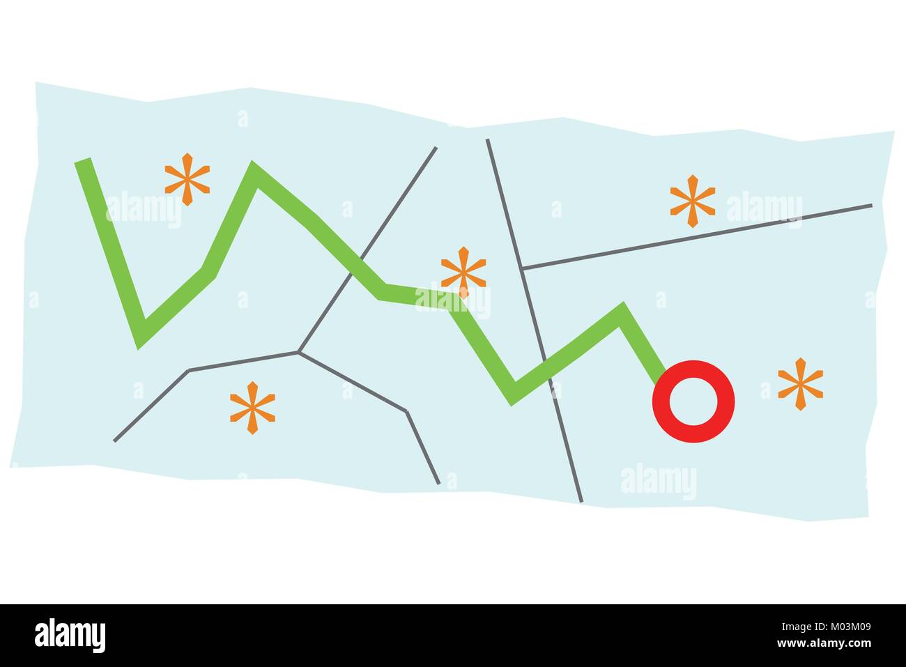 Illustration of a map with landmarks, streets and a marked way to a ...