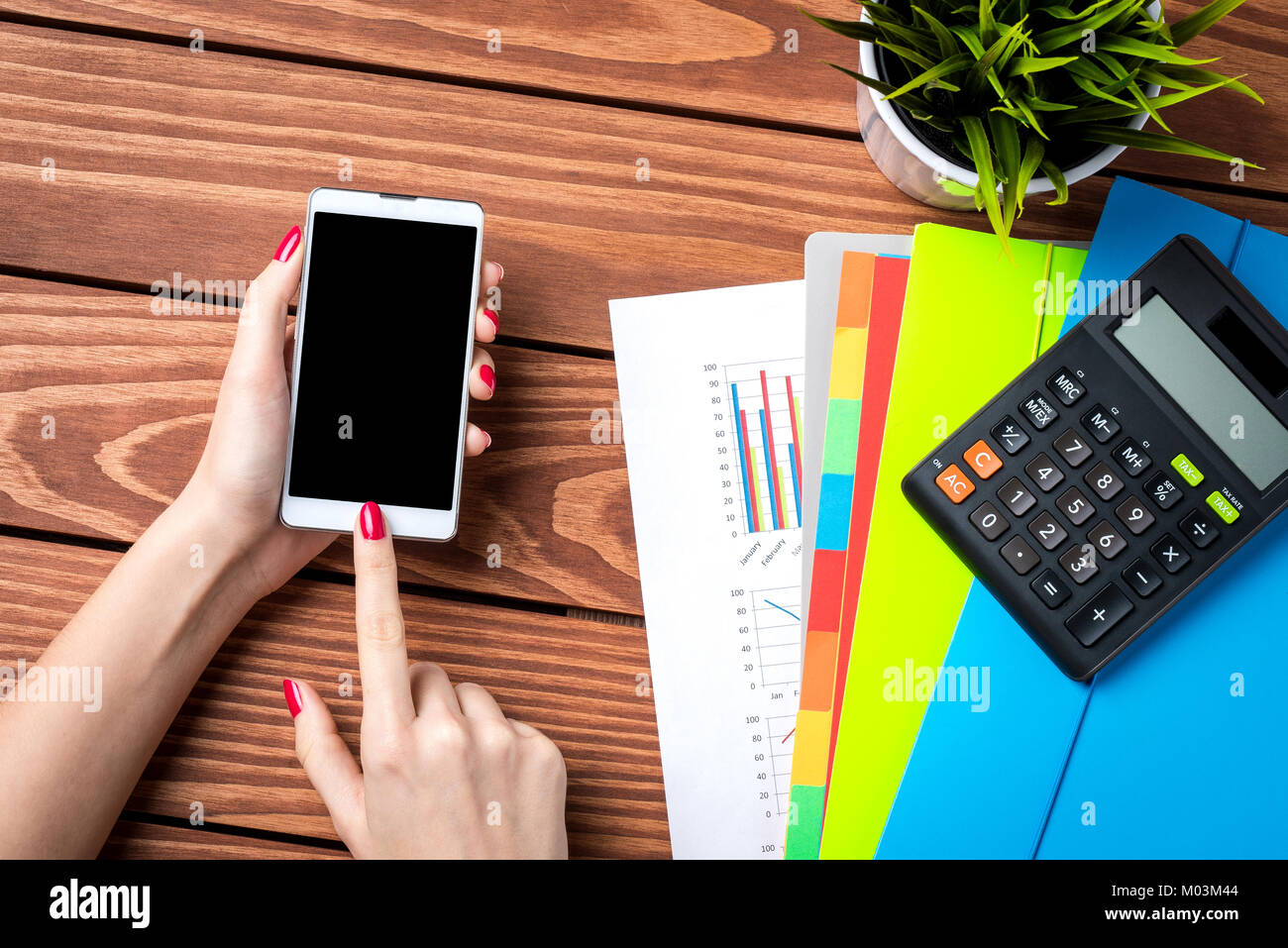 Overhead shot of office desktop Stock Photo - Alamy