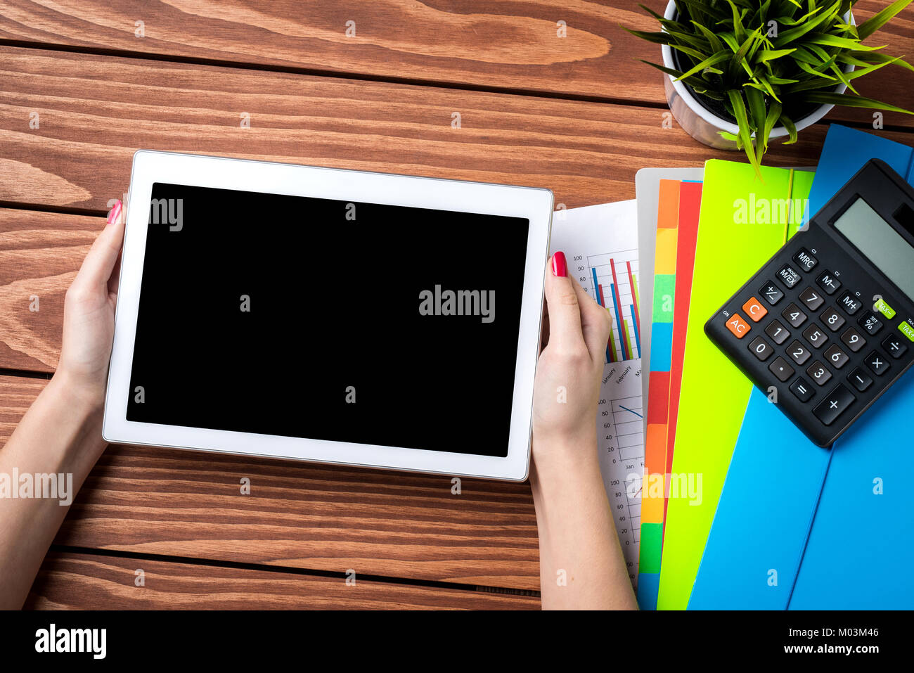 Overhead shot of office desktop Stock Photo - Alamy