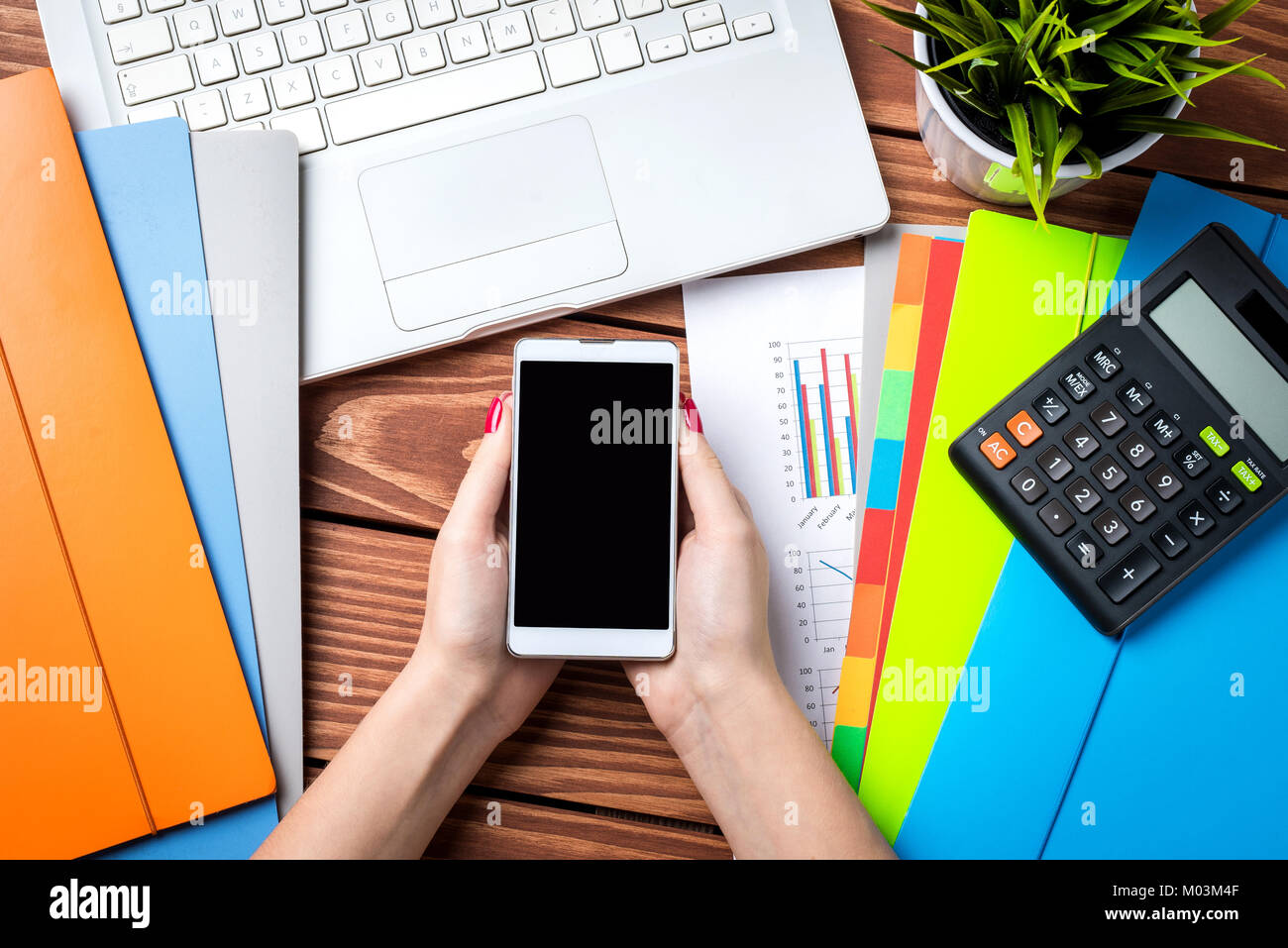 Overhead shot of office desktop Stock Photo - Alamy