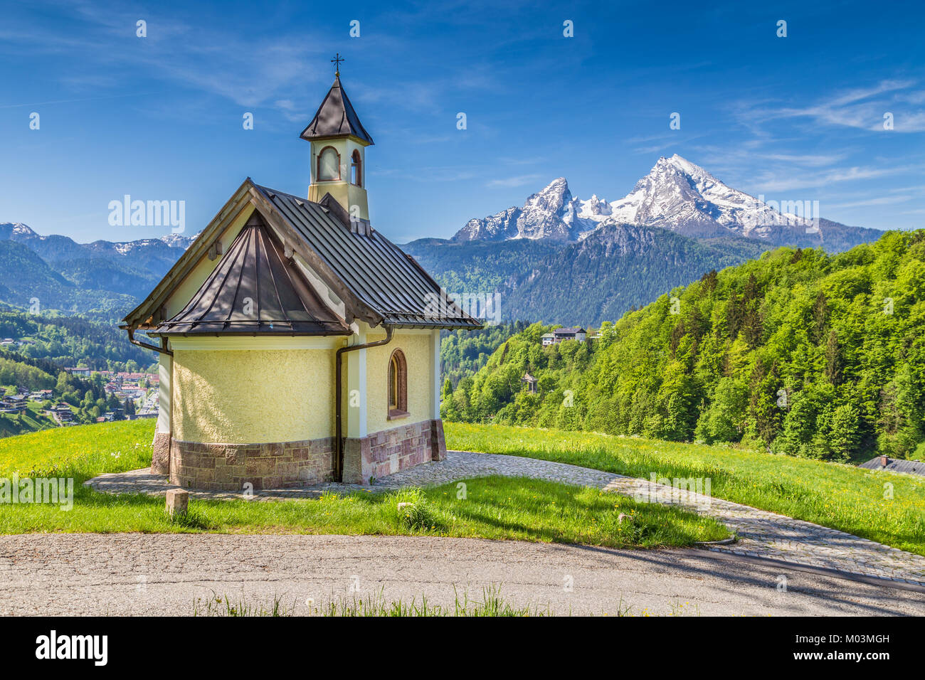 Beautiful view of famous Chapel at Lockstein with mount Watzmann in the ...