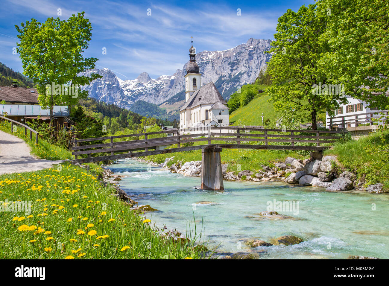 Scenic mountain landscape in the Bavarian Alps with famous Parish ...