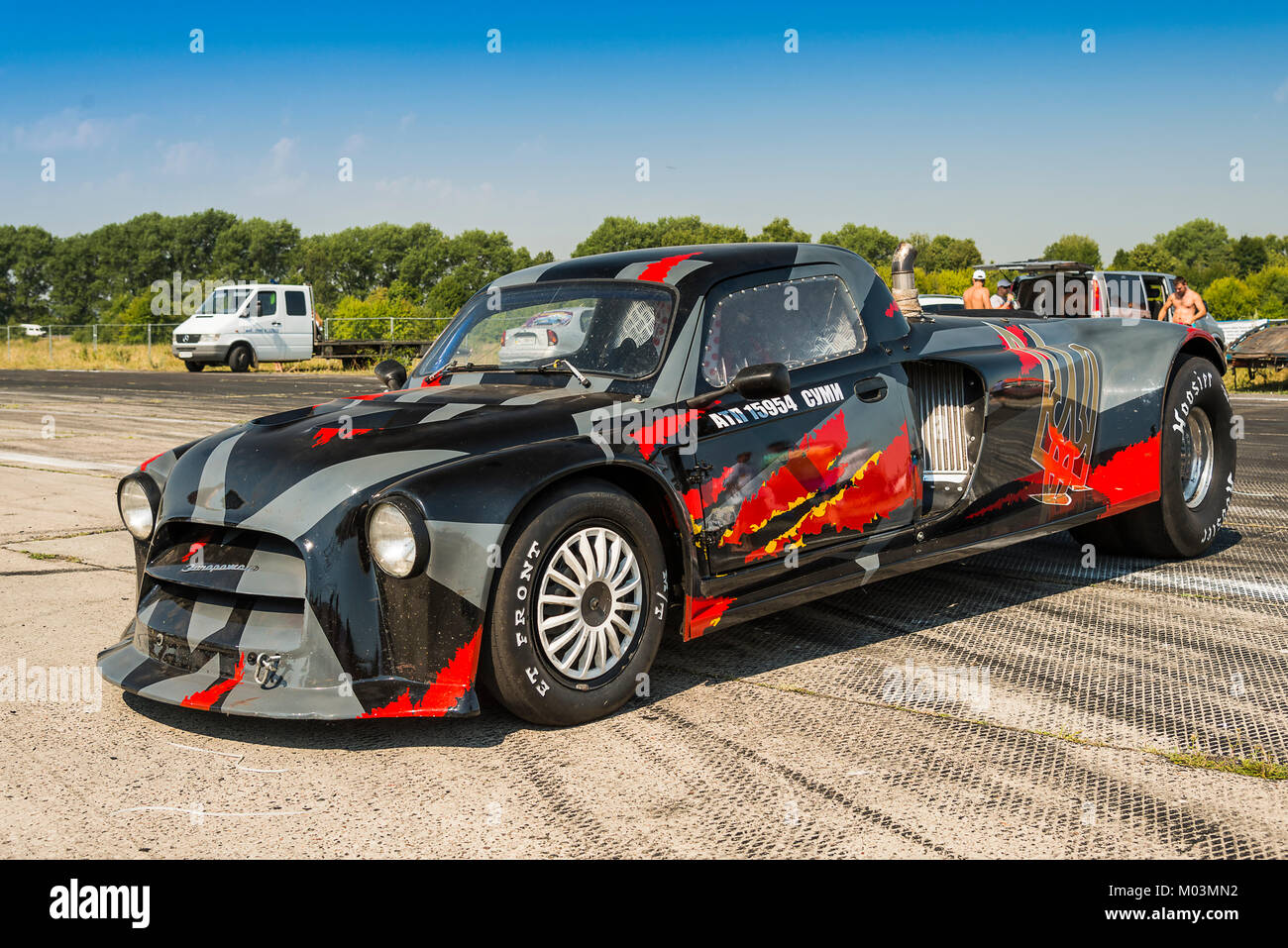 Vinnytsia,Ukraine-July 26, 2015: Drag racing car prepares in a park ...