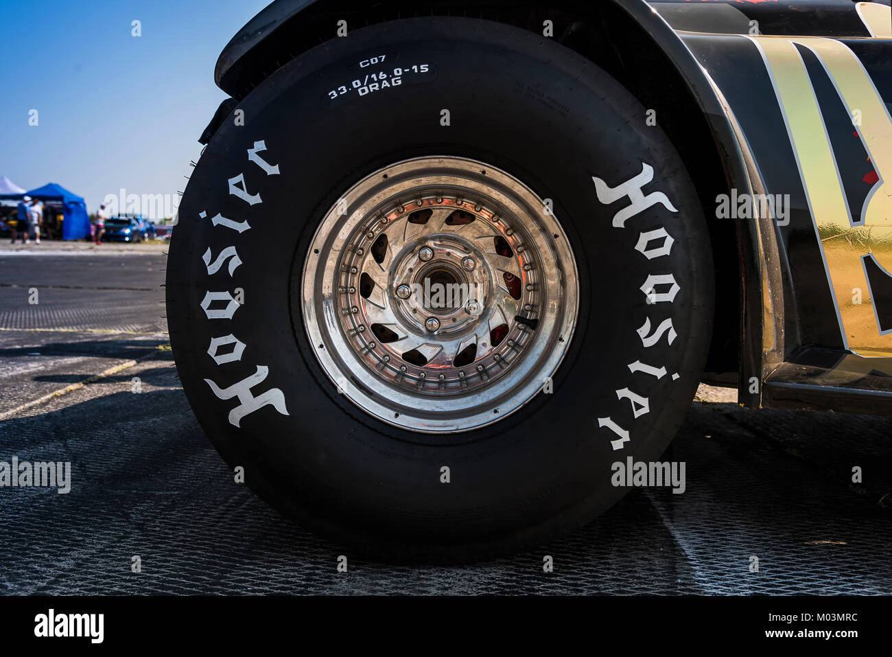 Vinnytsia,Ukraine-July 26, 2015: Rear wheel drag car parked in a park ...