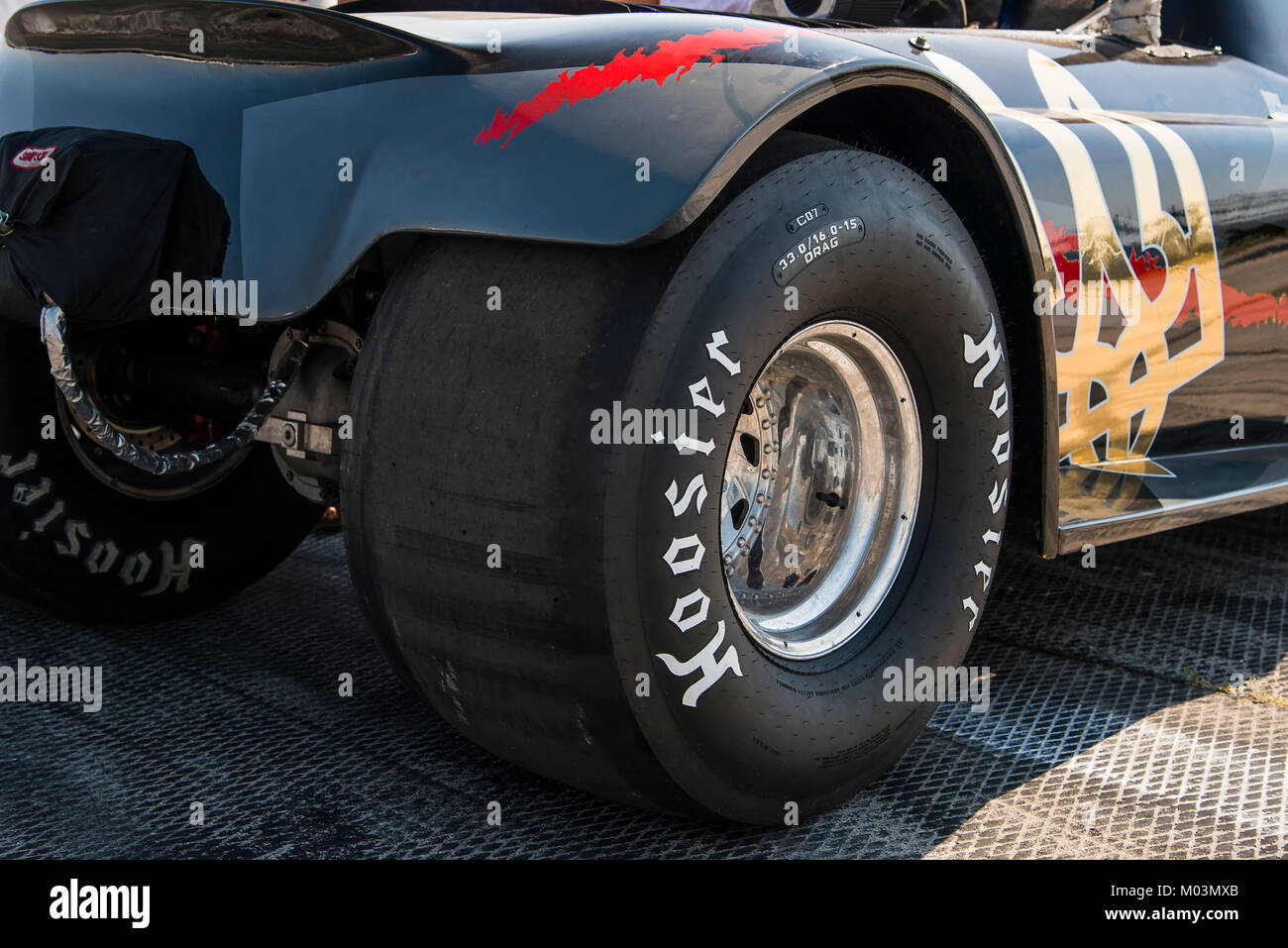 Vinnytsia,Ukraine-July 26, 2015: Rear wheels drag car parked in a park ...