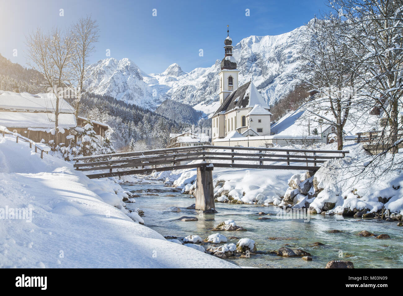 Panoramic view of scenic winter landscape in the Bavarian Alps with ...