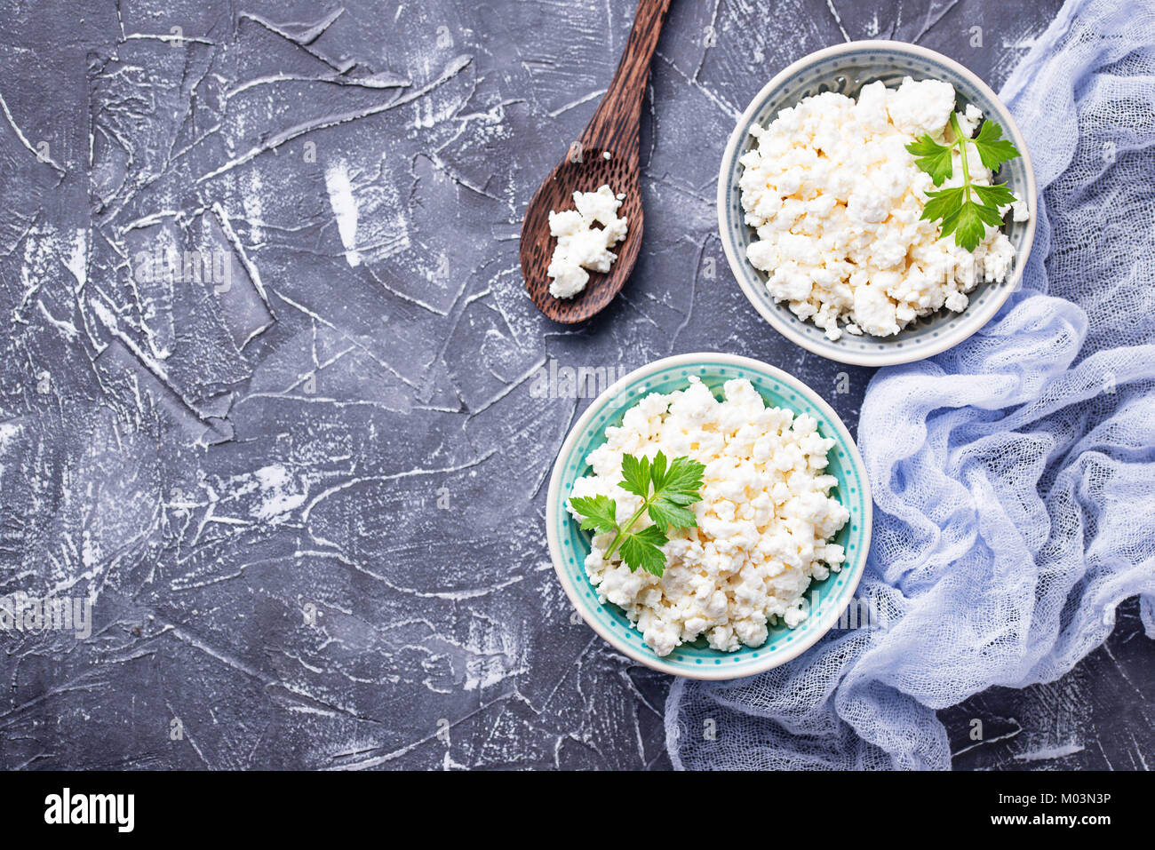 Bowl with homemade cottage cheese. Top view Stock Photo - Alamy