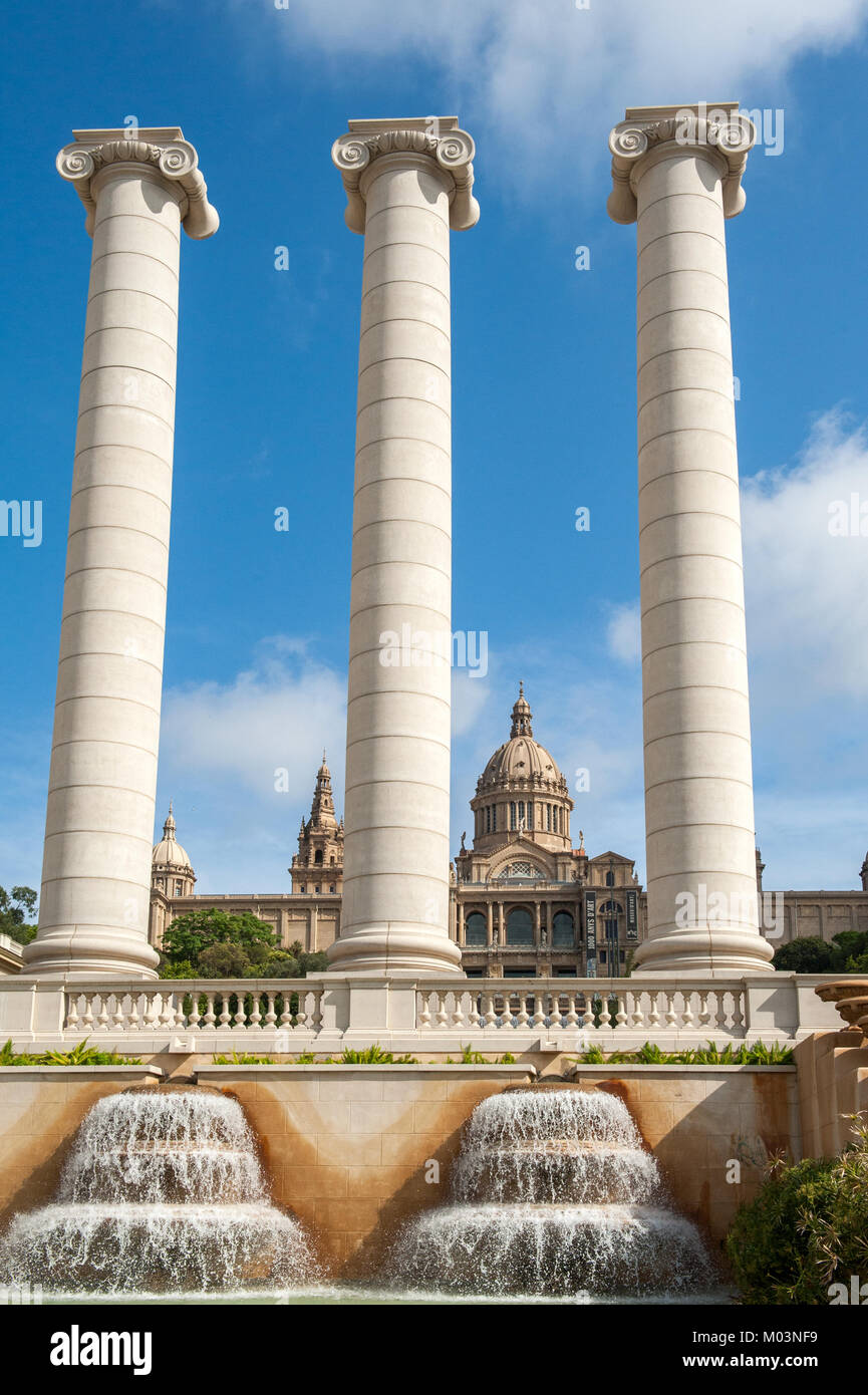 Majestic view of Barcelona's Four Columns and the Palau Nacional, with ...