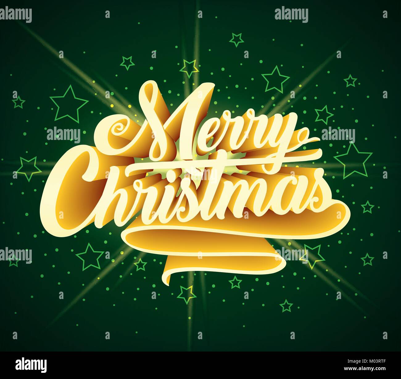 Merry Christmas 3D Typography on Green Vignette Background with Stars ...