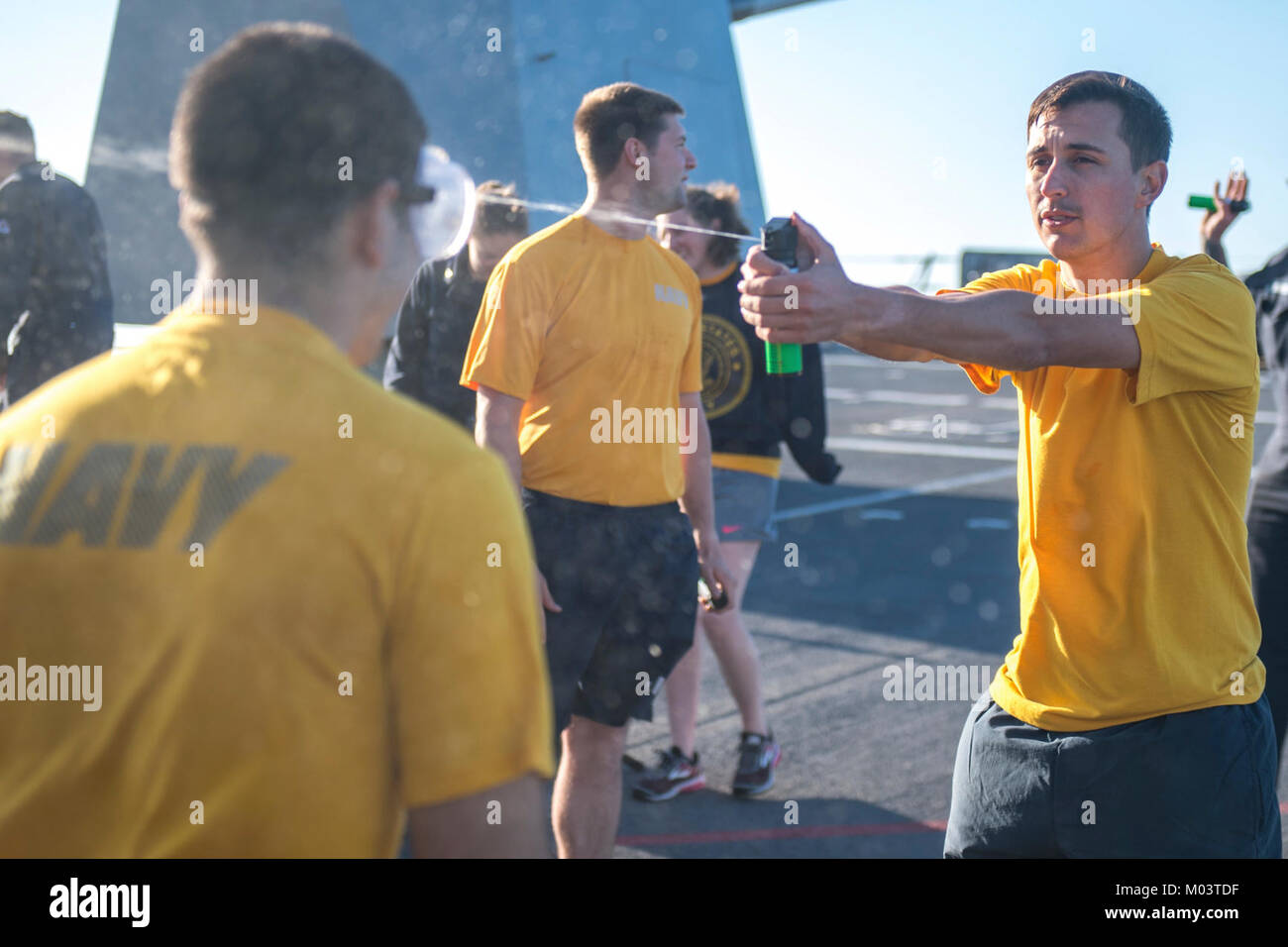 ARABIAN GULF (Jan. 3, 2018) Ensign Austin Garvey simulates spraying ...