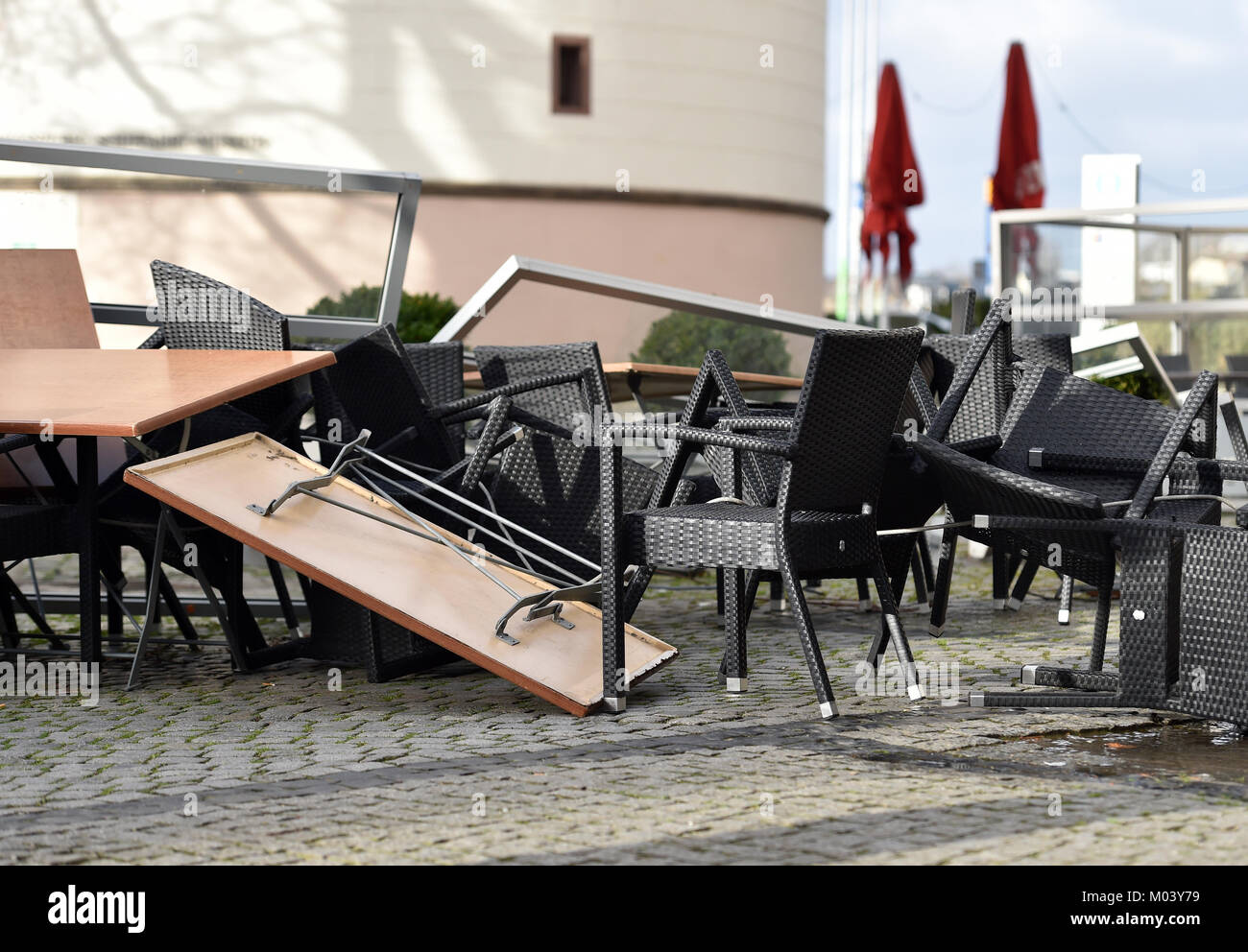 Tables and chairs have toppled over due to storm "Friederike" in ...