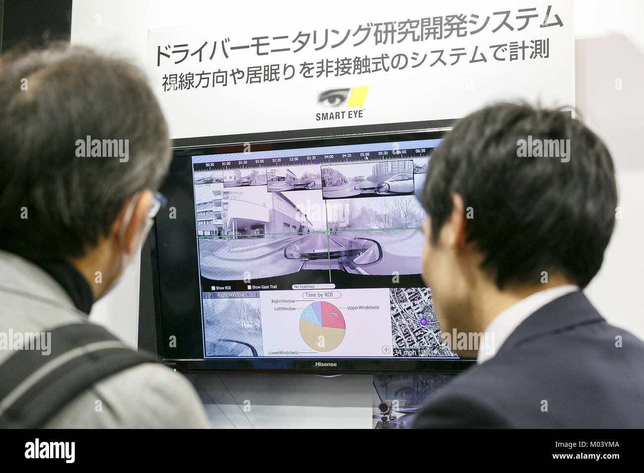 Visitors look at a self-driving car system simulator at the Automotive ...