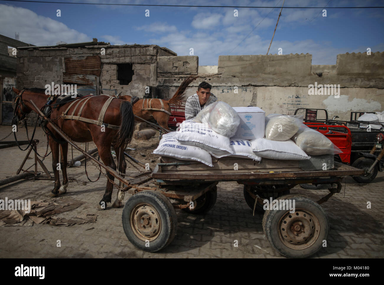 A Palestinian loads aid provided by the United Nations Relief and Works ...