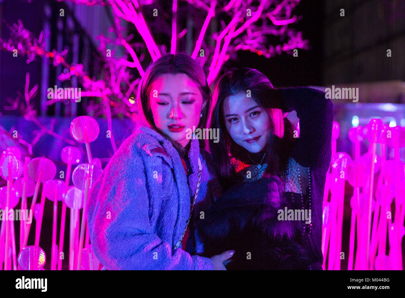London, UK. 18th Jan 2018. Two visitors pose and take selfies with the ...