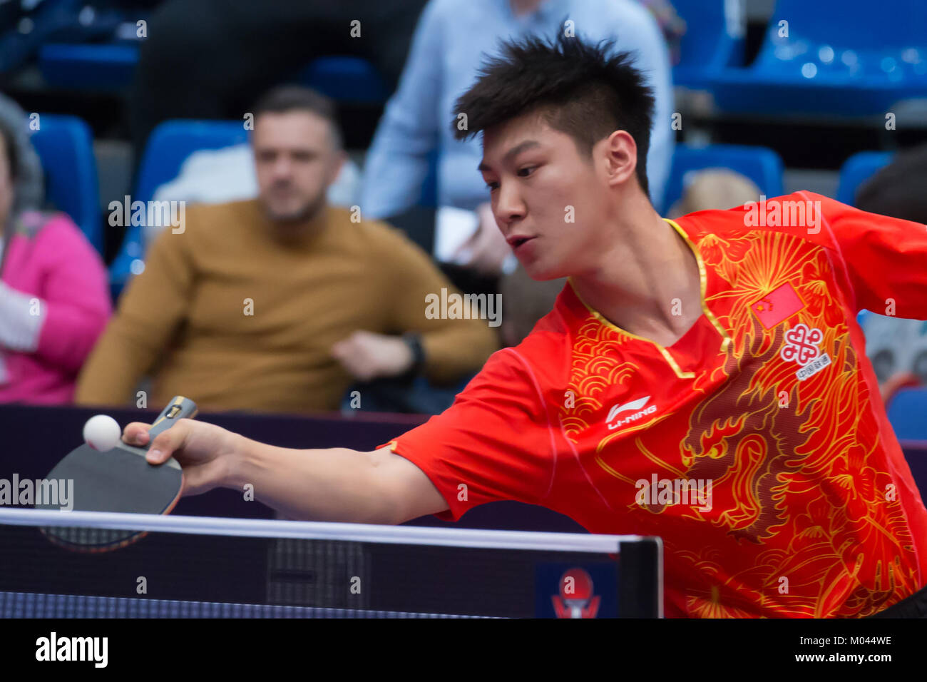 Budapest. 18th Jan, 2018. China's Xue Fei hits a return to his teammate Fan Zhendong during the ...