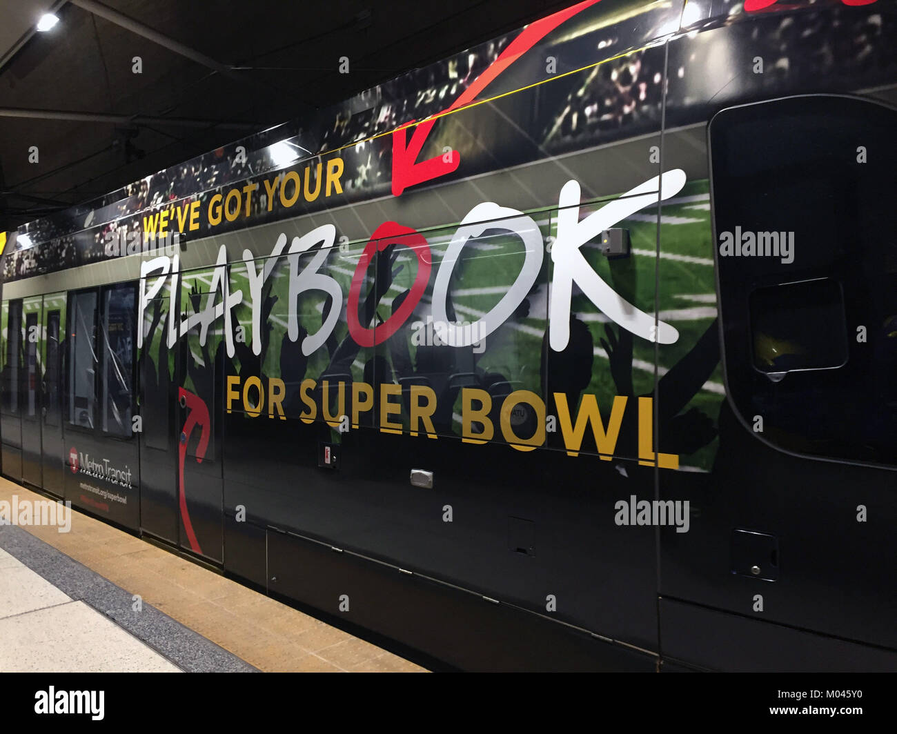 General overall view of Super Bowl LII signage on a Metro Transit light ...