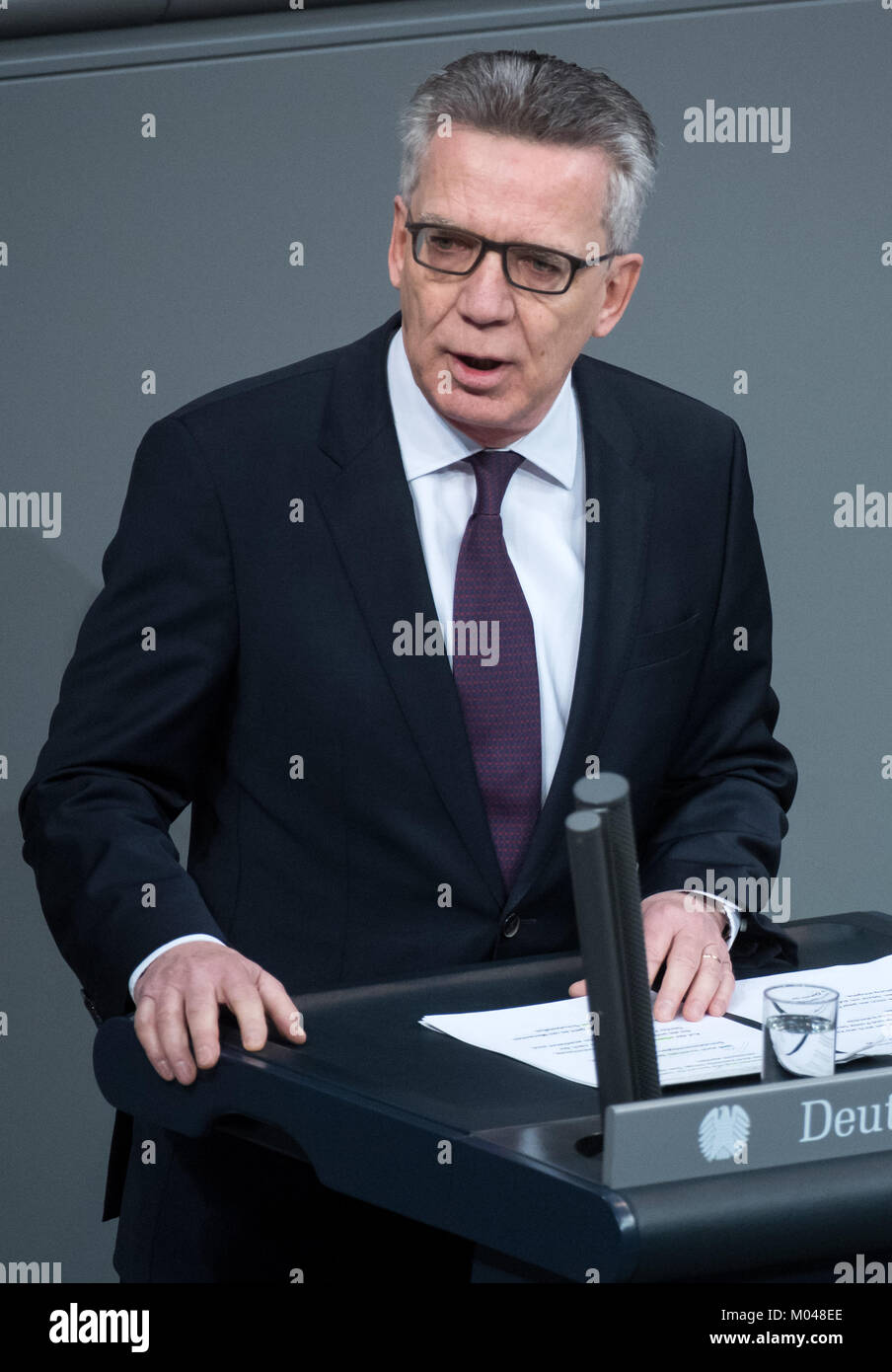 Berlin, Germany. 19th Jan, 2018. German Interior Minister Thomas de Maiziere (CDU) speaks at a ...