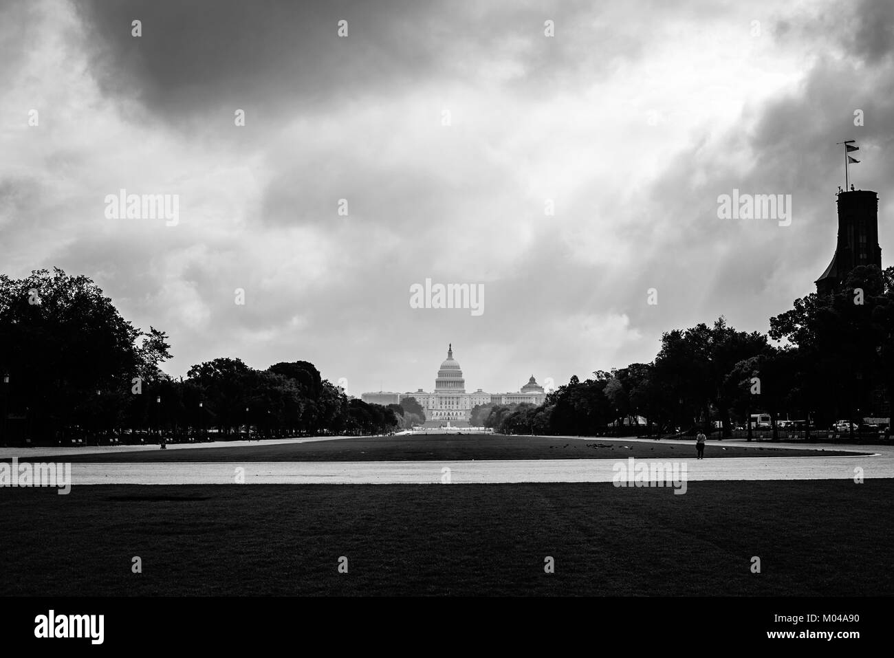 Dark, moody, black and white view of the National Mall in Washington DC ...