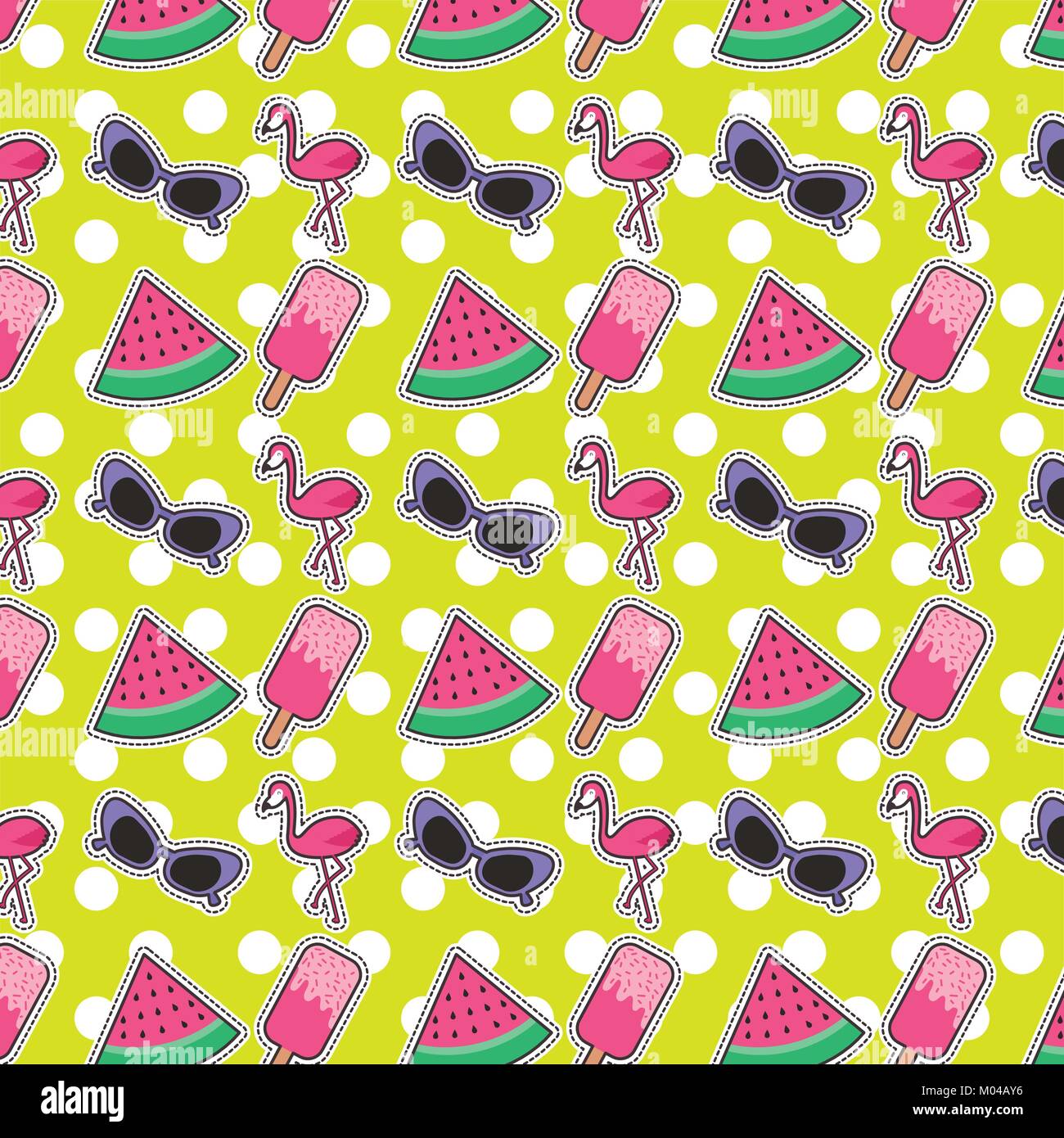 set of patches or stickers cute cartoon icons polka dots background ...