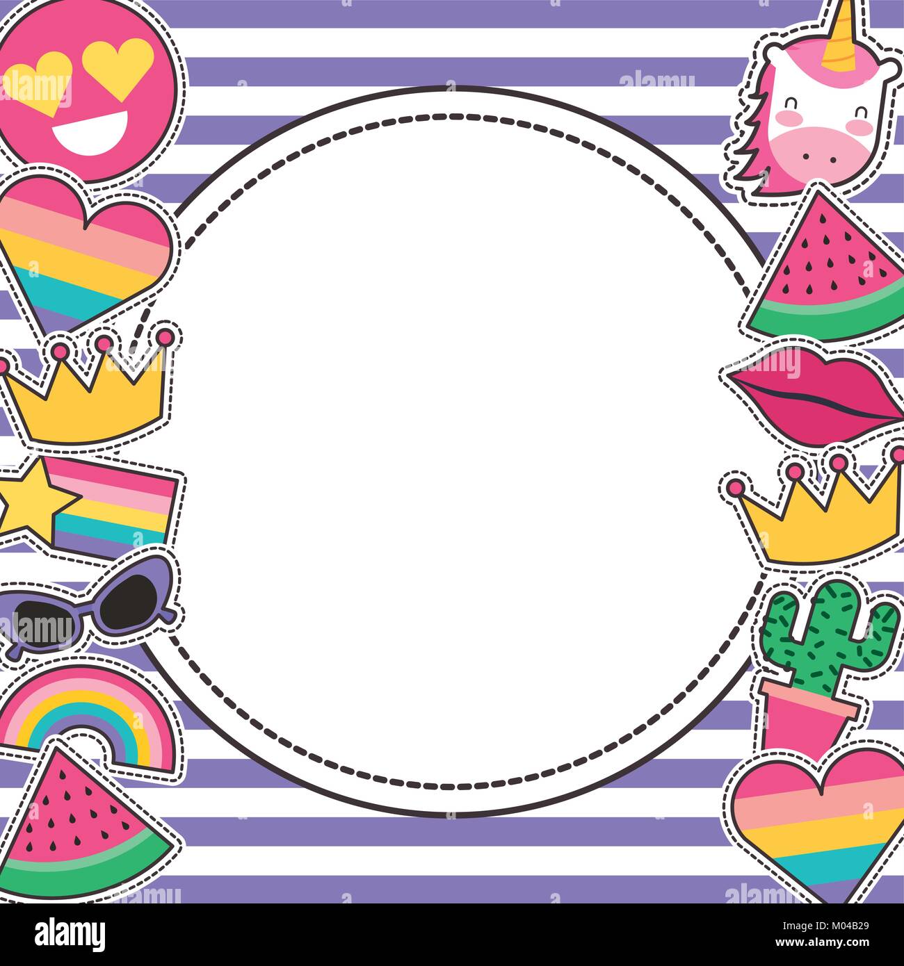 set of patches or round badge cute cartoon stripes background Stock ...