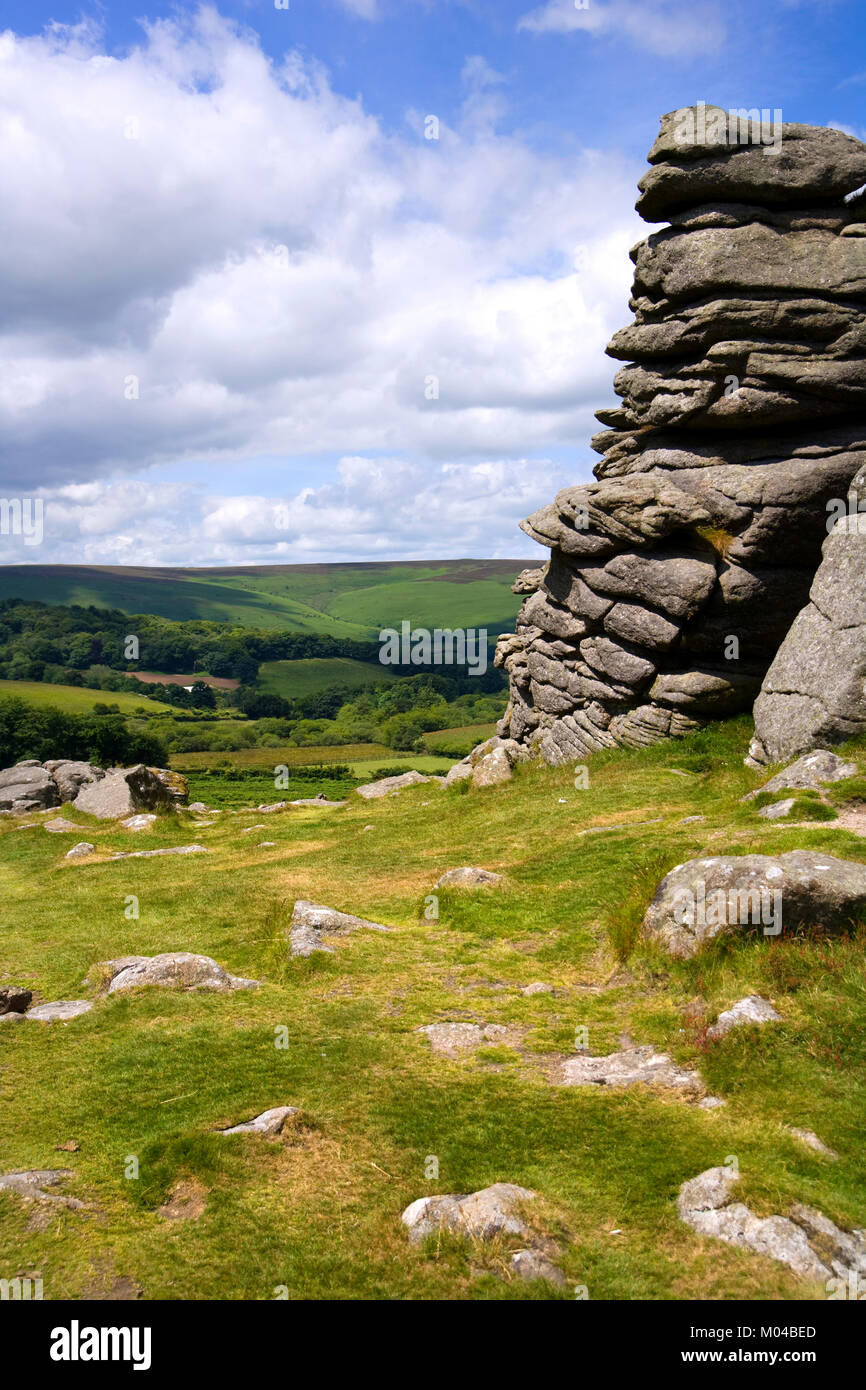A view over rolling Dartmoor countryside from Hound Tor, Devon, UK ...