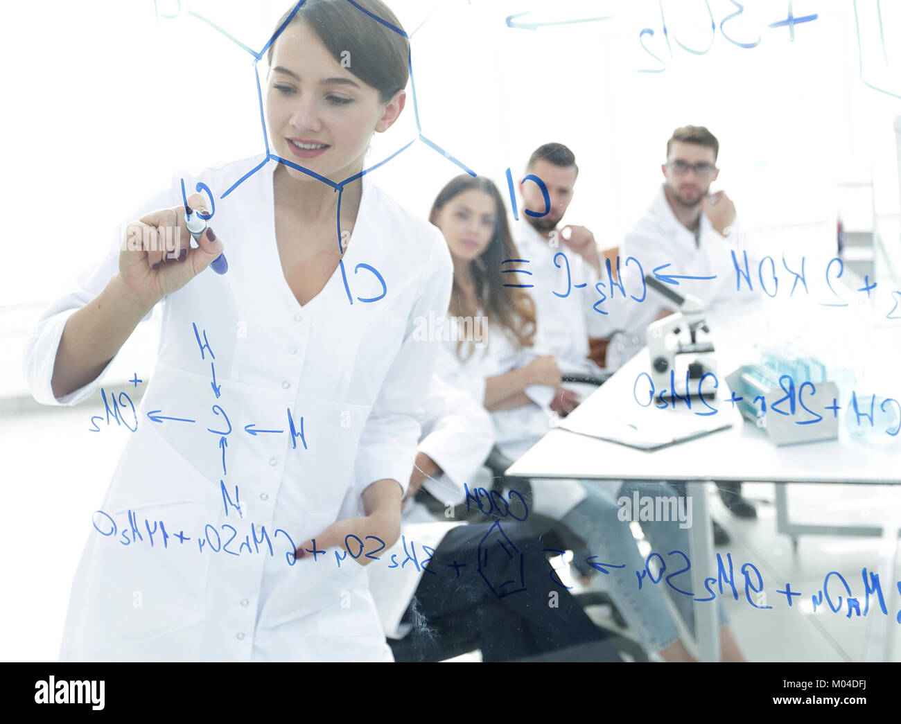 view through the transparent Board. female scientist makes a report to ...