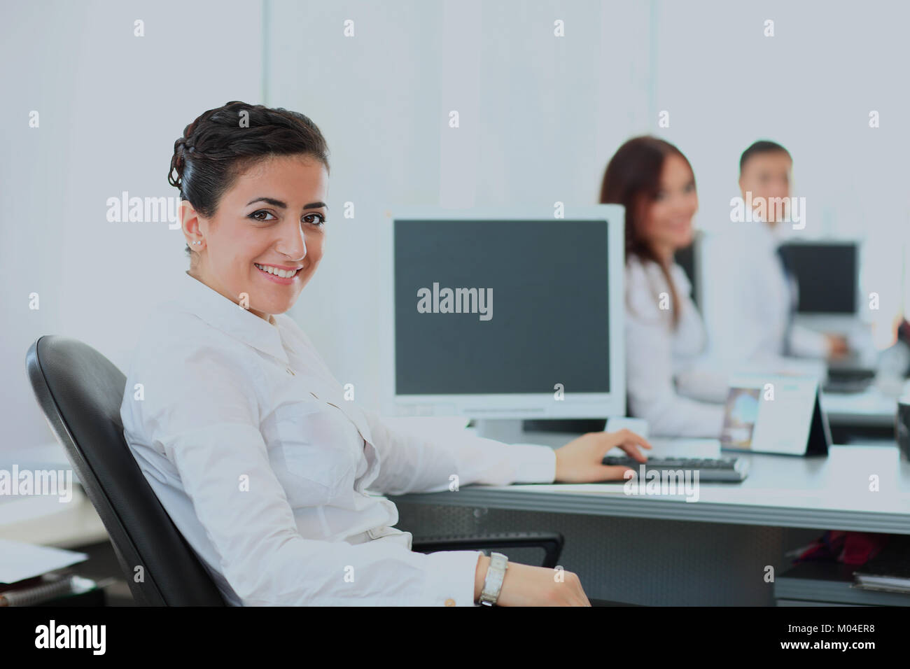 Closeup portrait of business woman giving you cute smile with ...