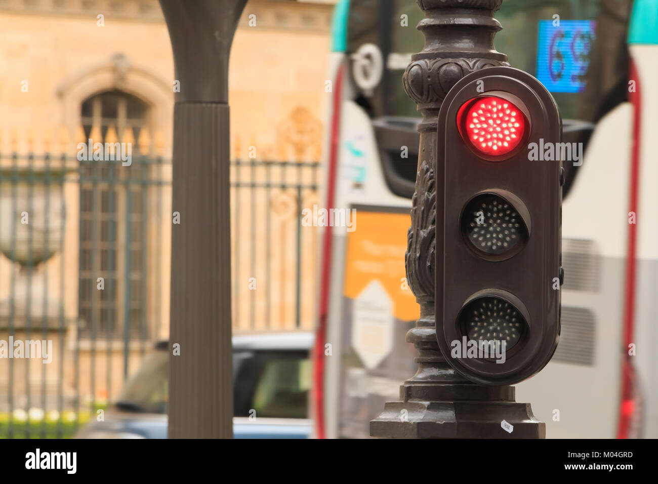 PARIS, FRANCE - May 08, 2017 : typical red traffic light in a Paris ...