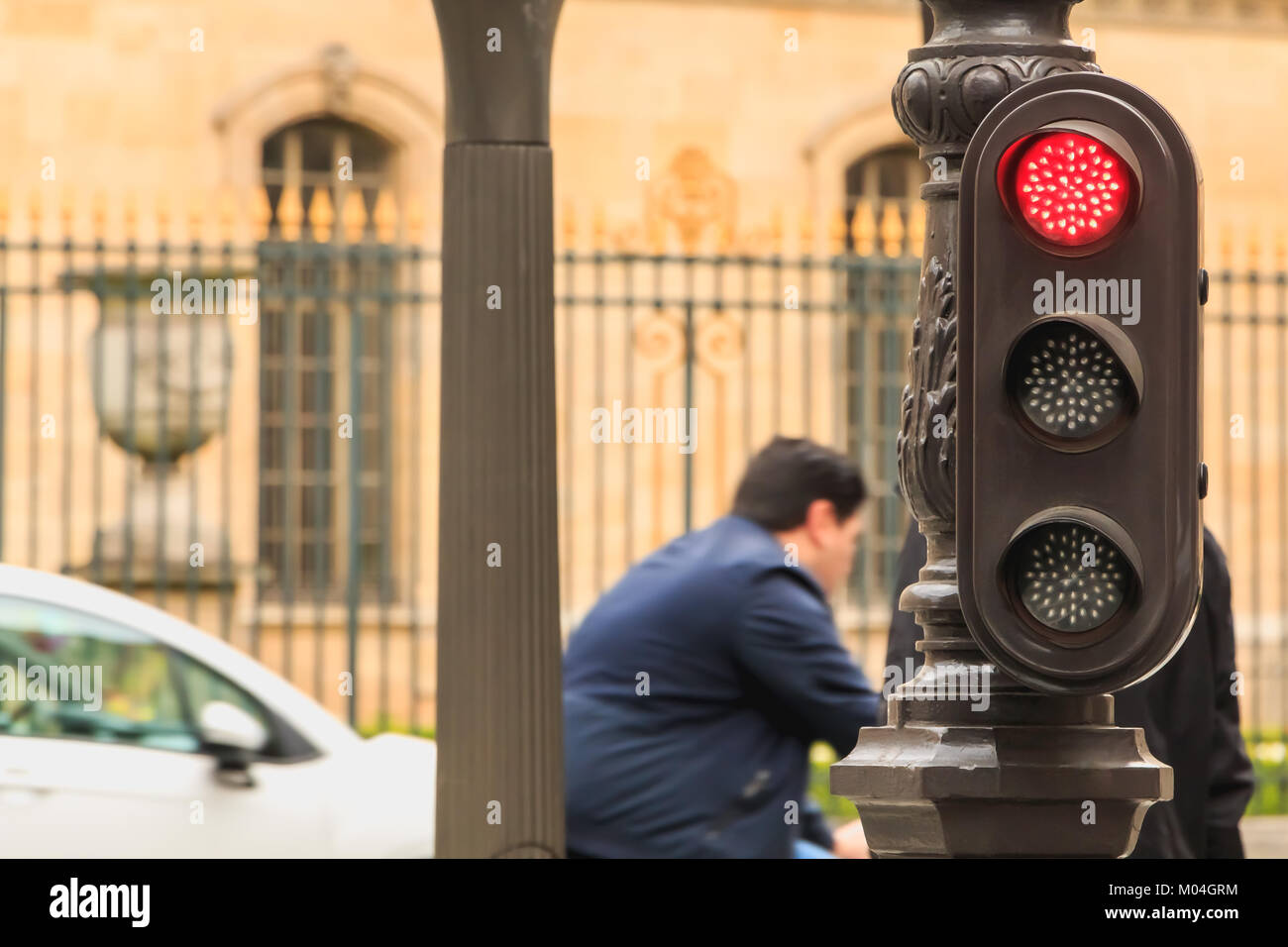 PARIS, FRANCE - May 08, 2017 : typical red traffic light in a Paris ...