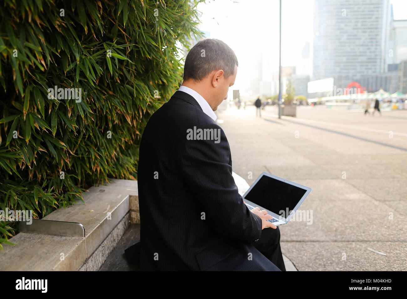 Businessman working with laptop outside near plant in Stock Photo - Alamy