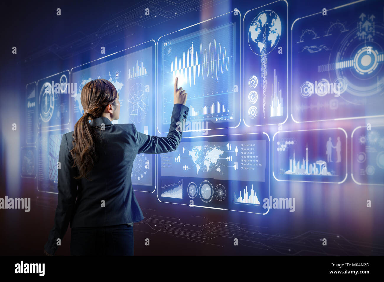 futuristic interface. woman engineer touching virtual screens Stock ...