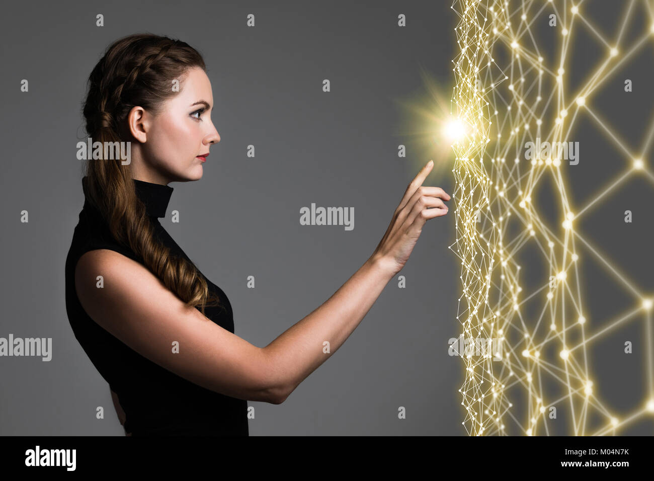 Young caucasian woman pointing wire mesh network concept Stock Photo ...